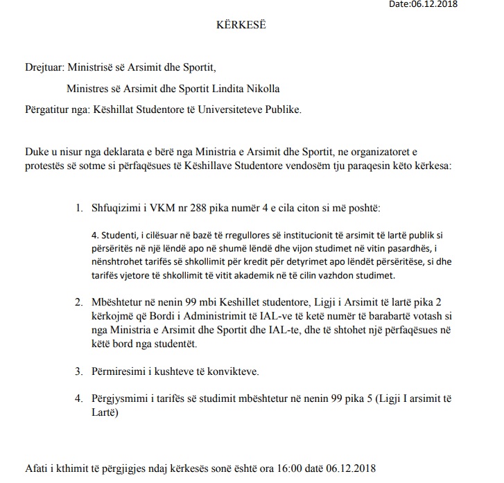 Studentët zbulojnë axhendën e protestës, pas letrës me katër kërkesa ...